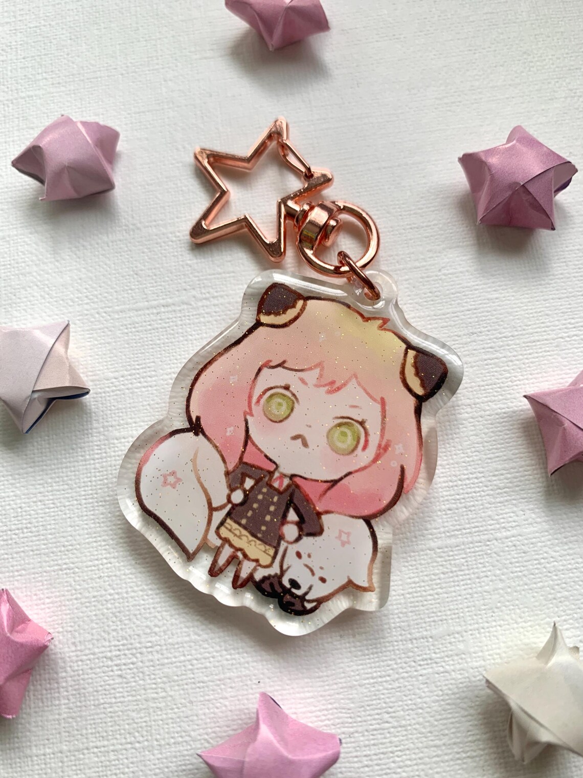 Glitter Anya Forger Keychain: Spy X Family Charm, Rose Gold Star Clasp ...