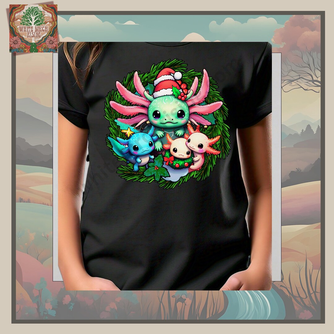 CUTE AXOLOTL CHRISTMAS Family in Wreath Festive Holiday Salamander ...