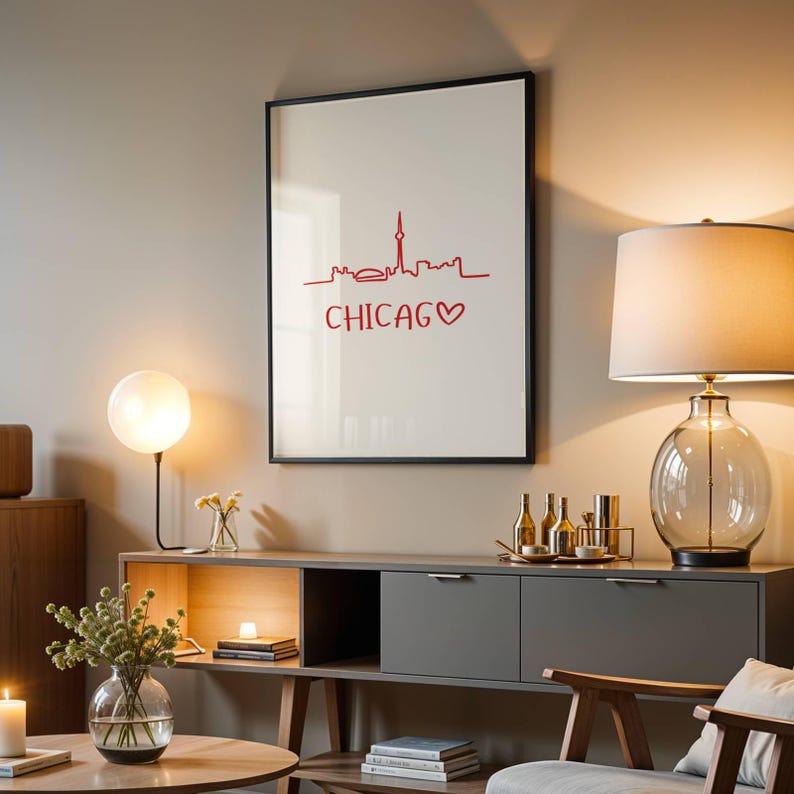 Chicago Typography Printable Wall Art, Minimalist Chicago Travel Heart ...