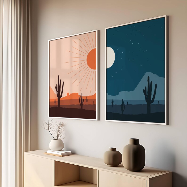 Sun and Moon Desert Landscape Printable Wall Art Set of 2, Mid-century ...