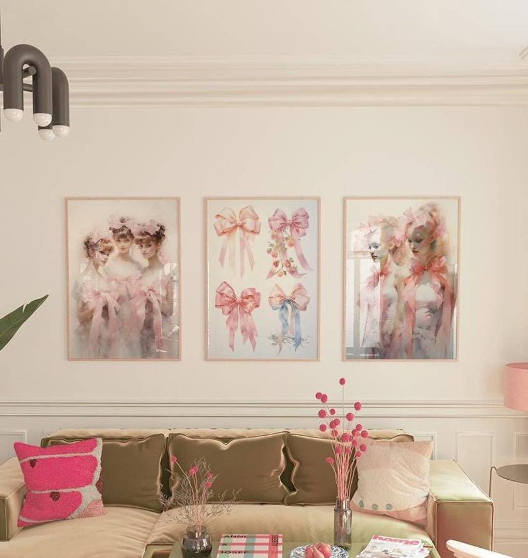 Pink Ribbons Art Set of 5 - Feminine Oil-style Paintings for Elegant ...