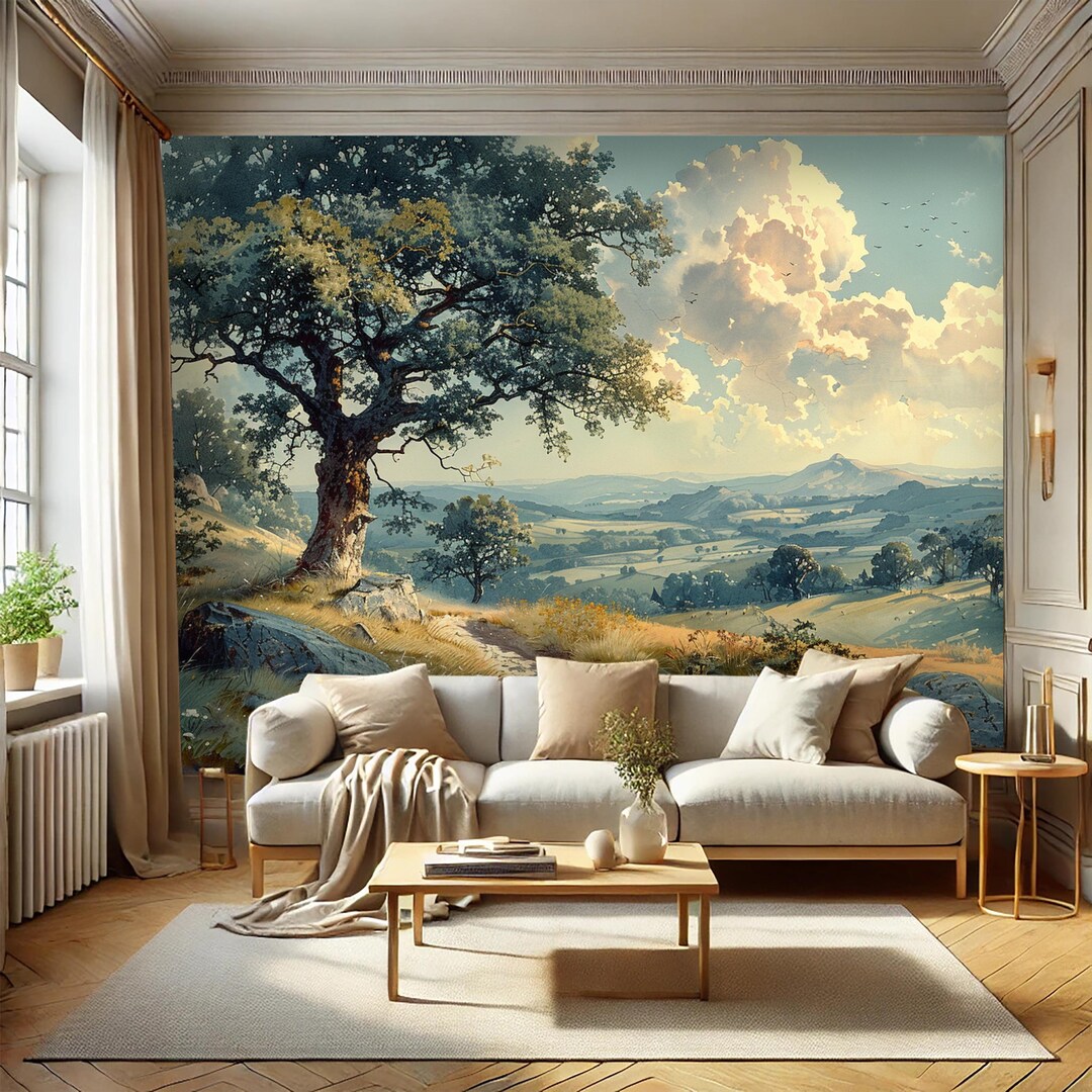 Peaceful Peel and Stick Landscape Wallpaper Mural, Scenic Tree & Cloud ...