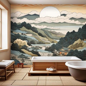 Japanese Mountain Sunrise Mural: Oriental Zen Peel and Stick Wallpaper ...