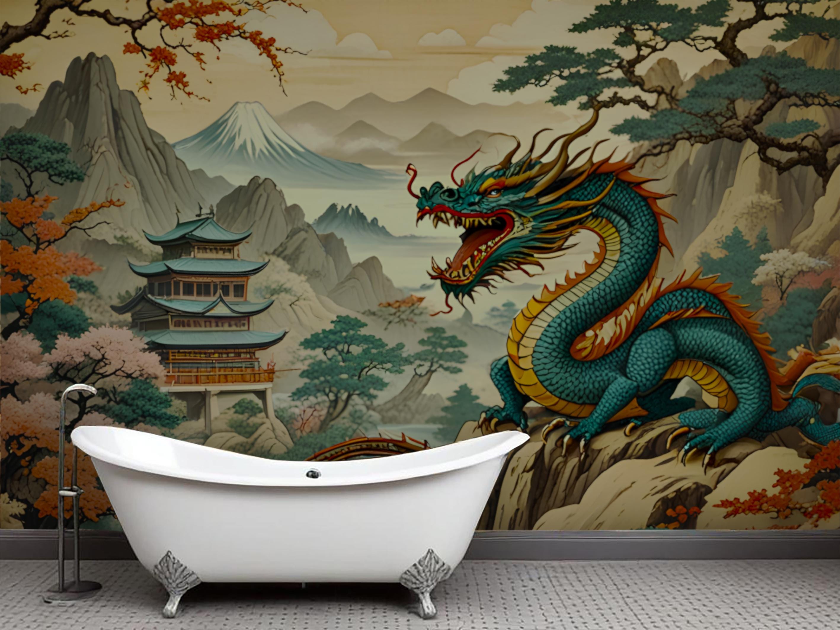 Majestic Japanese Dragon Wallpaper - Vintage Oriental Landscape Mural ...