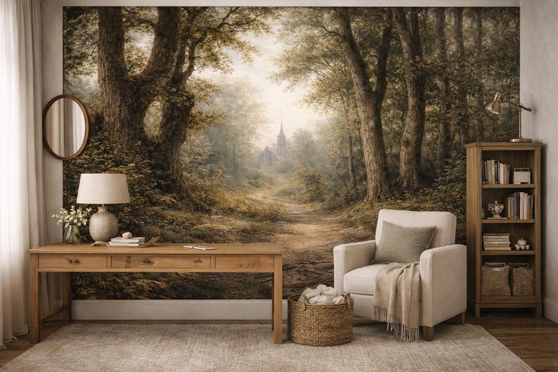 Vintage Forest Path Wallpaper Mural, Romantic Woodland Peel and Stick ...
