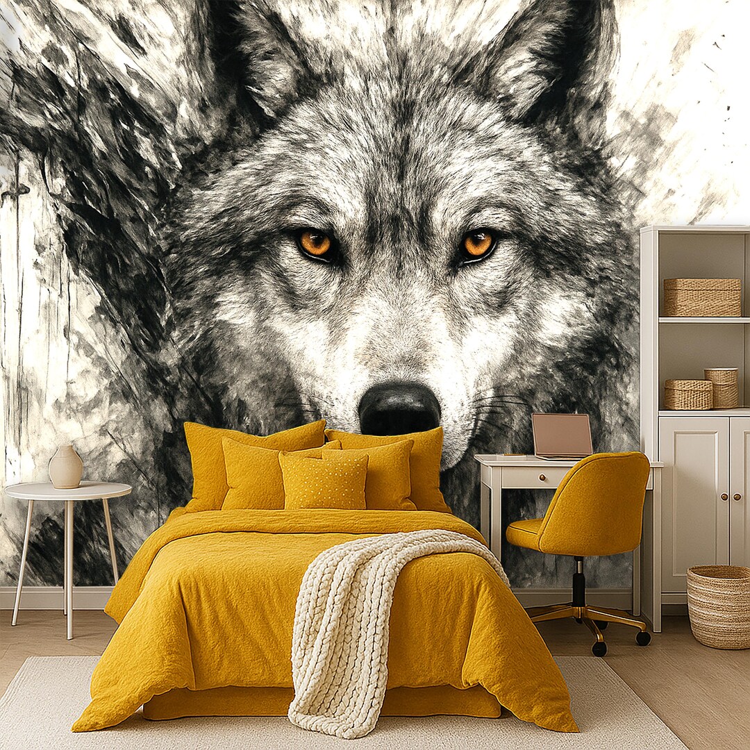 Wolf Wallpaper Mural: Fierce Gray Wolf, Amber Eyes (peel and Stick) - Etsy
