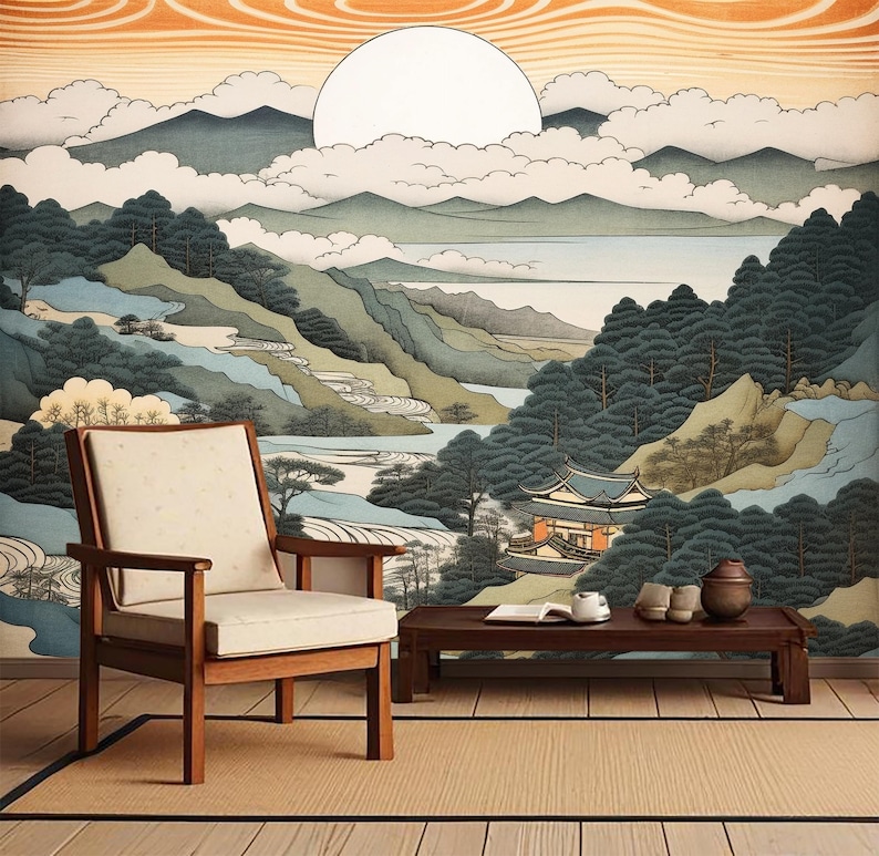 Japanese Mountain Sunrise Mural: Oriental Zen Peel and Stick Wallpaper ...