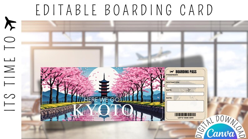 Kyoto Editable Boarding Pass, Canva Template, Printable Airline Ticket ...
