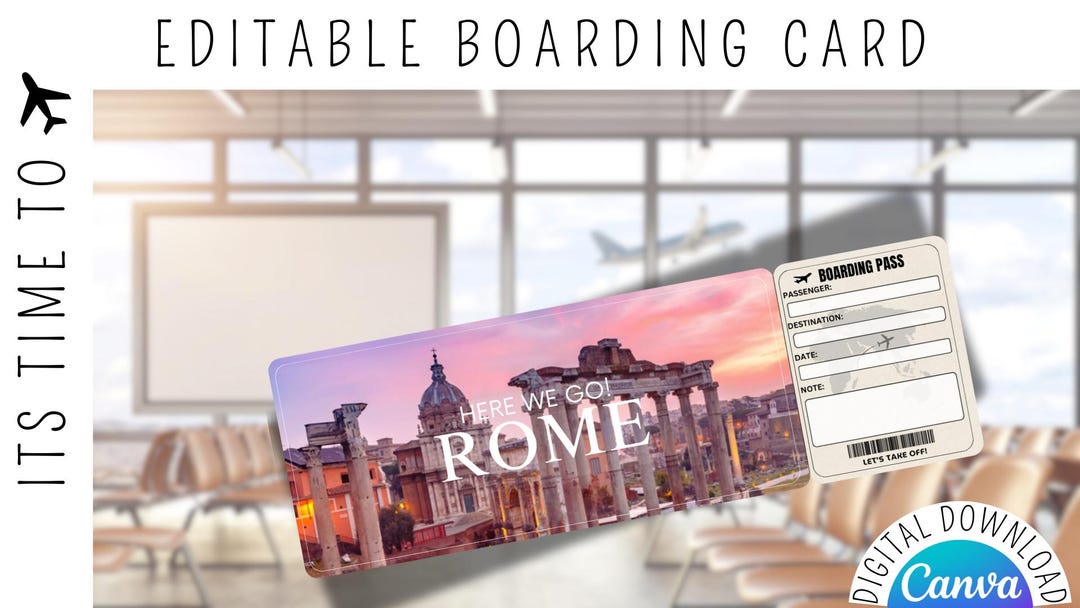 Rome Editable Boarding Pass, Canva Template, Printable Airline Ticket ...