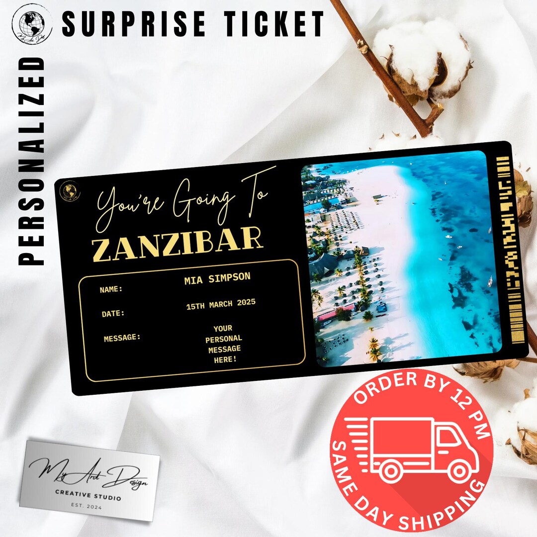 Zanzibar Ticket | Custom Africa Trip Gift | Personalized Travel Reveal ...