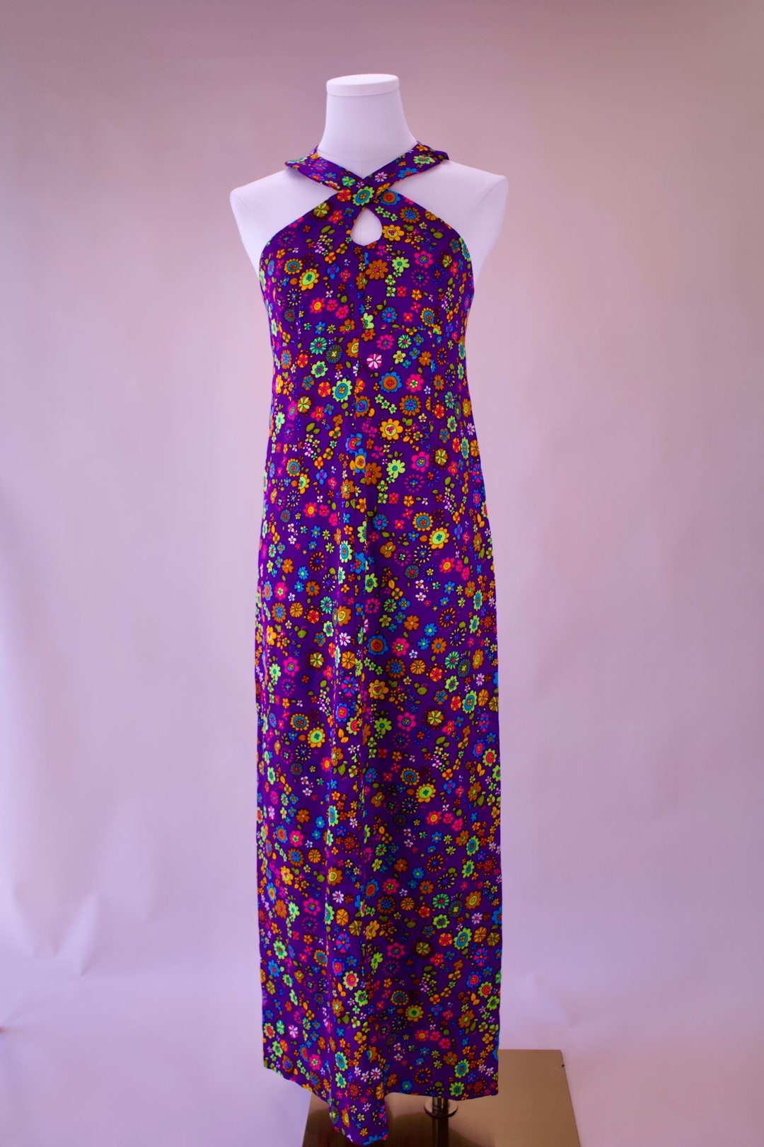 Vintage Purple Floral Halter Dress - Etsy