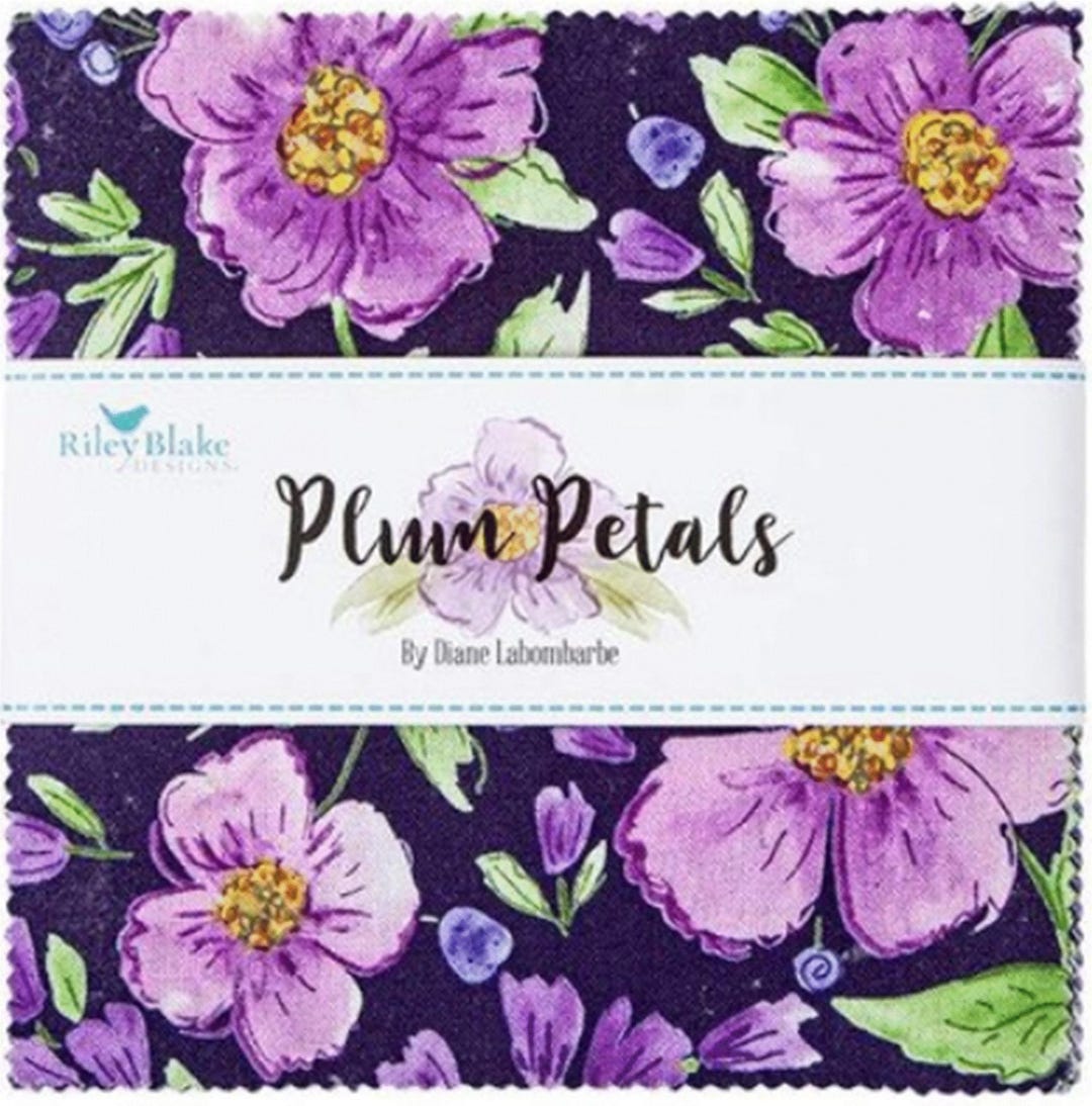 Charm Pack Plum Petals 5" Stacker-by Diane Labombarbe for Riley Blake Designs-books-text-dots ...