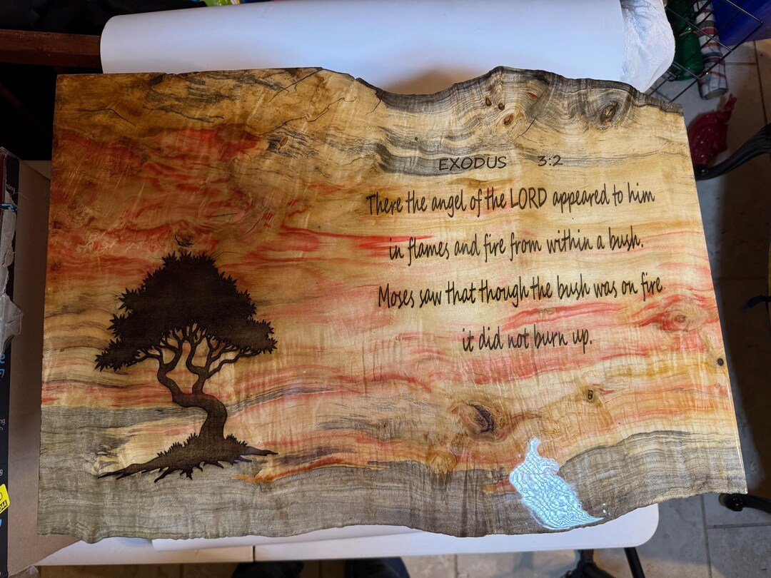 Elder Wood Scripture Table | Burning Bush Laser Engraved Exodus 3:2 ...