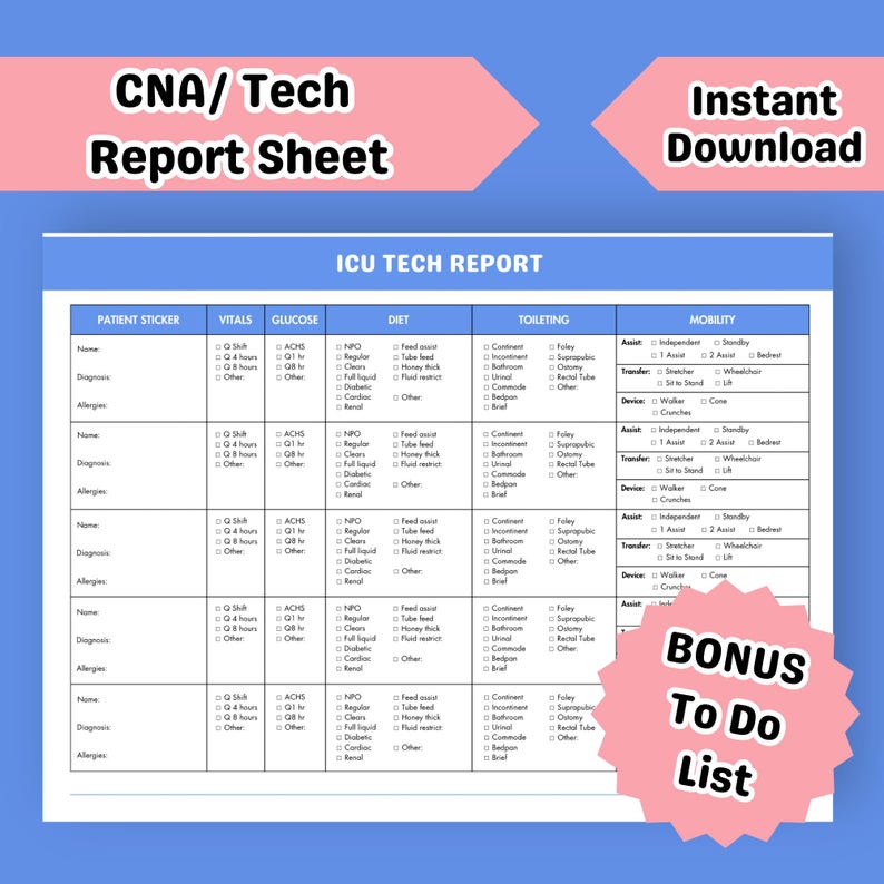 CNA Tech Nurse Report Sheet Med Surg, RN Brain Sheet, Tech Report ...