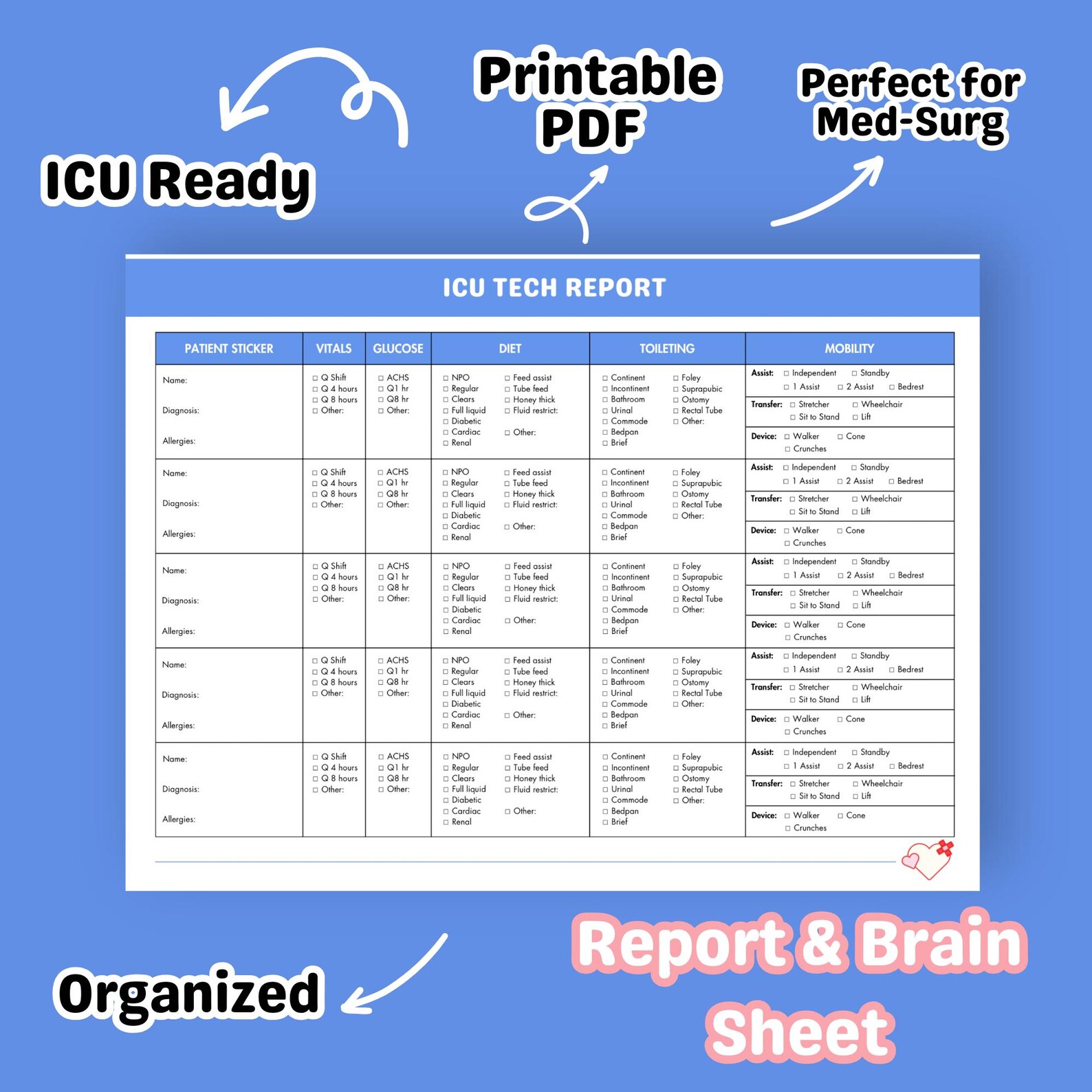 CNA Tech Nurse Report Sheet Med Surg, RN Brain Sheet, Tech Report ...