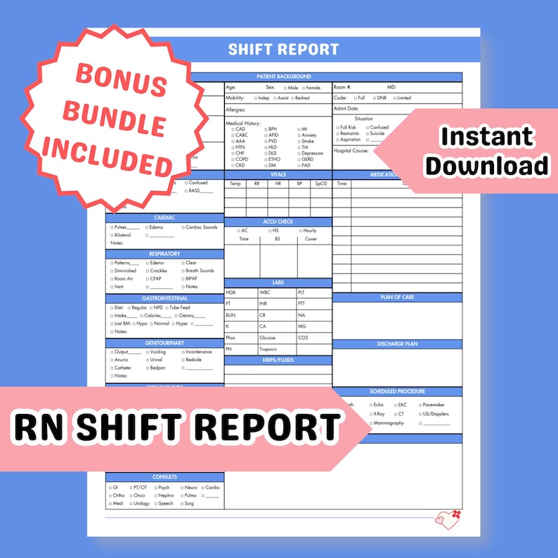 ICU Nurse Report Sheet, Med Surg Nursing, RN Brain Sheet, End of Shift ...
