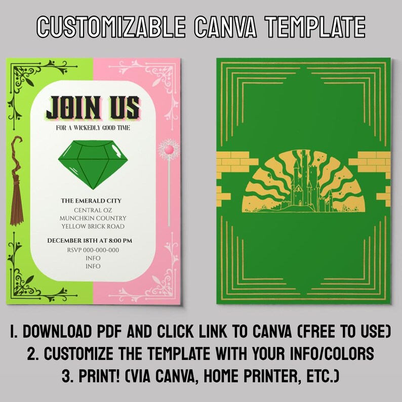 Wicked Musical Birthday Invitation: Glinda & Elphaba, Emerald City ...