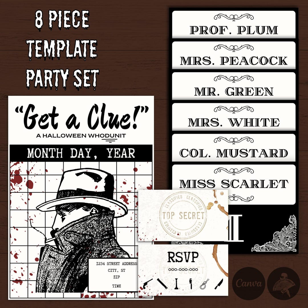Murder Mystery Party Invitation, RSVP Table Cards Canva Template Set ...