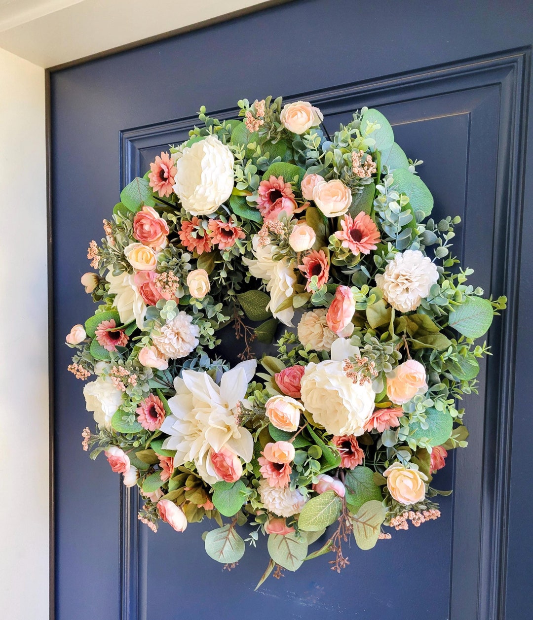 Eucalyptus Wreath With Flowers, 20 Inch Wreath, Front Door Wreath, Pink ...