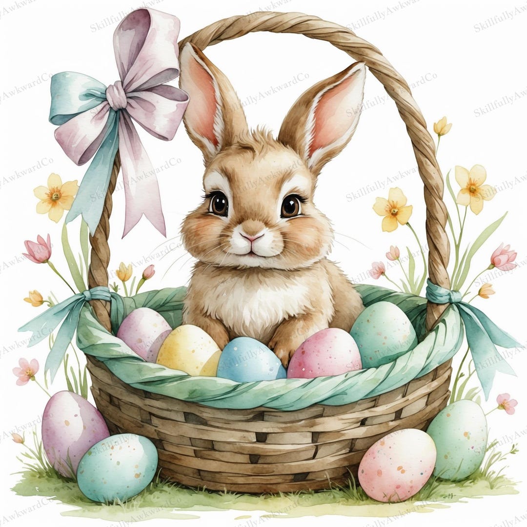 Easter Bunny Basket Clipart PNG JPEG | Cute Spring Rabbit With Eggs ...