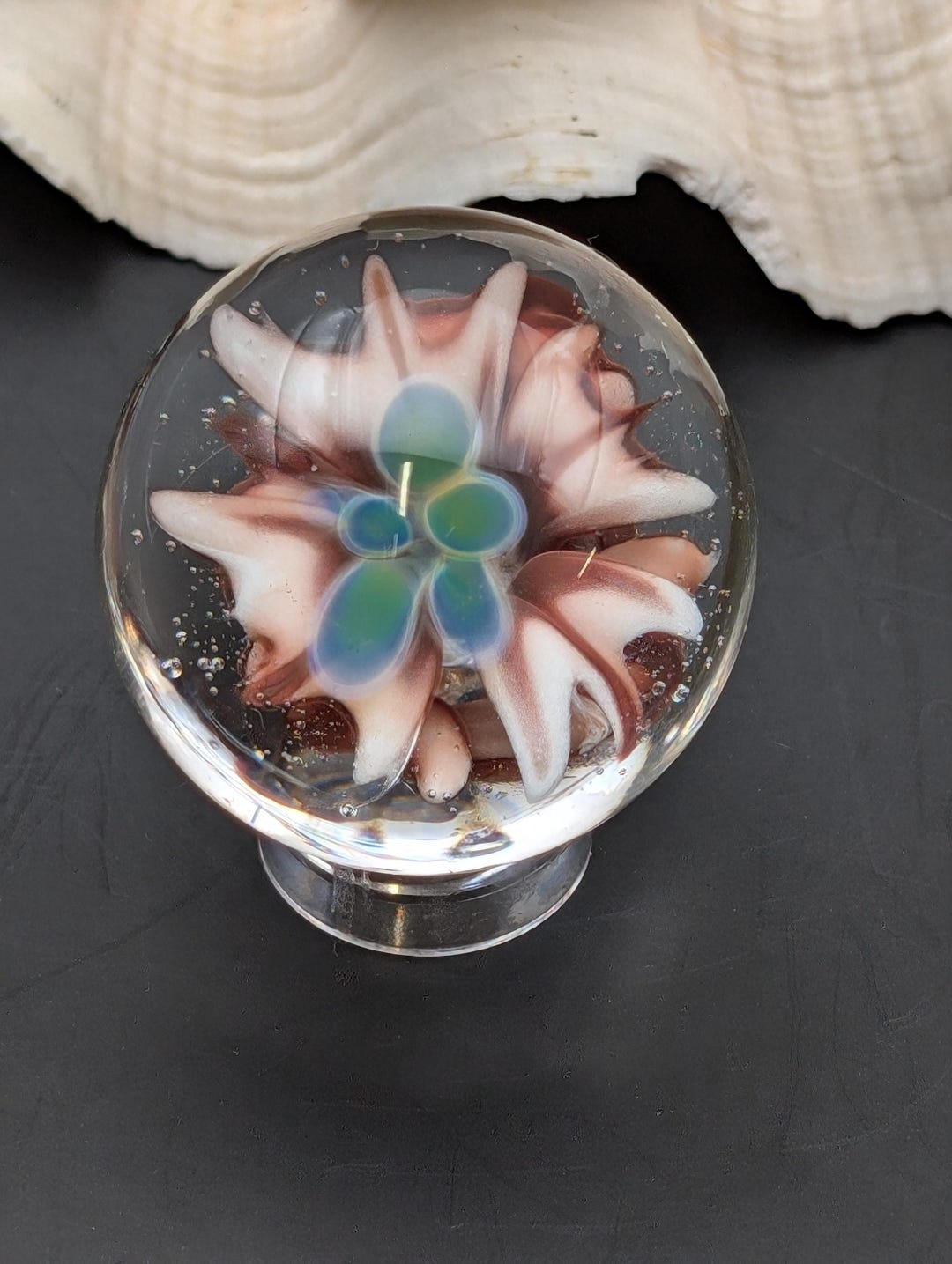 Art Glass Marble Dark Red and White Flower Implosion Hand Made Approx 1 ...