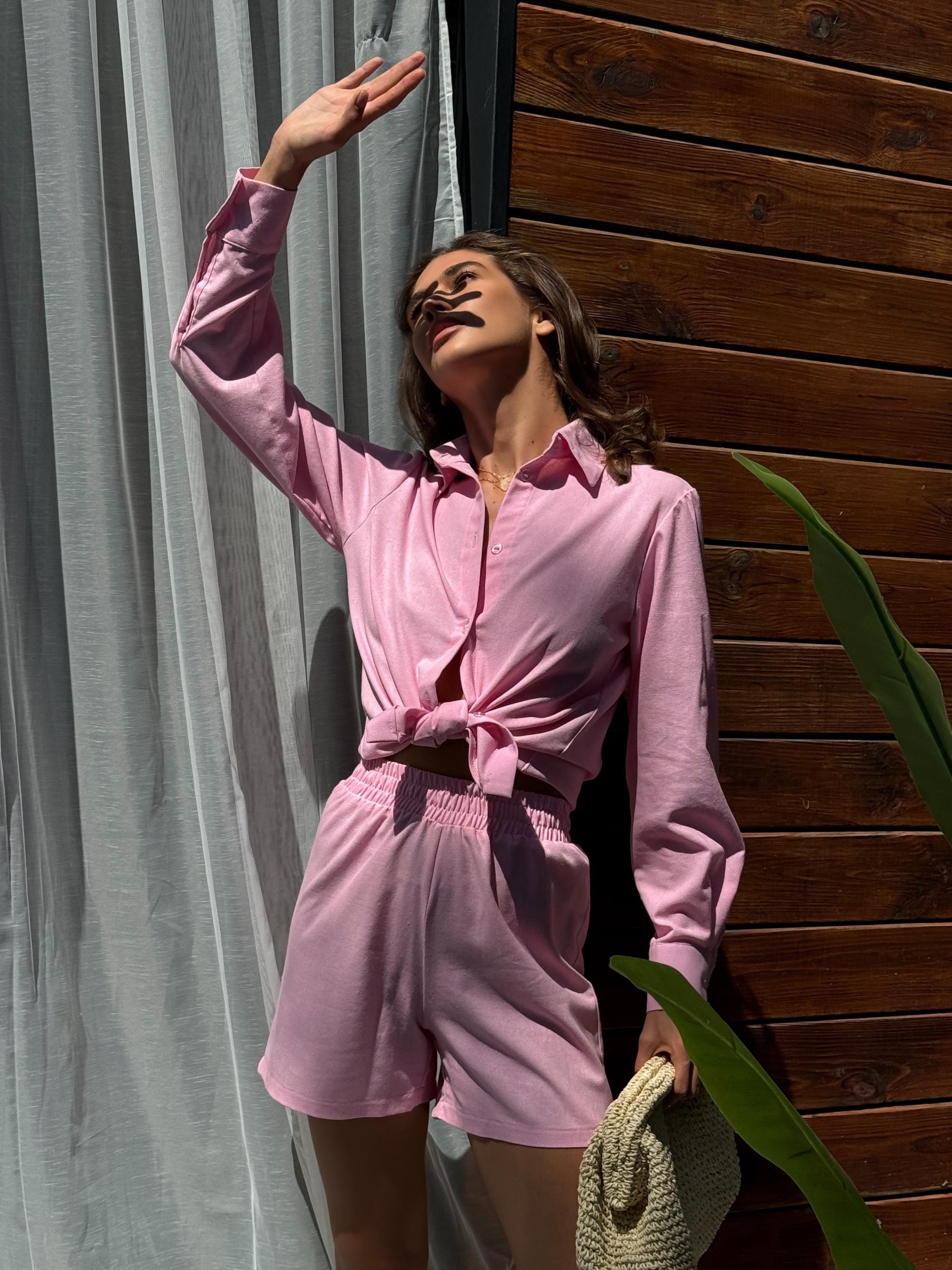 Light Blue Oversized Linen Set, Custom Sized Shorts With Shirts, Women ...