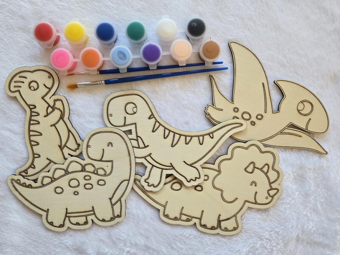 Kids Dinosaur Paint Kit: Wood Cutouts, Brushes, 12 Acrylic Colors - Etsy
