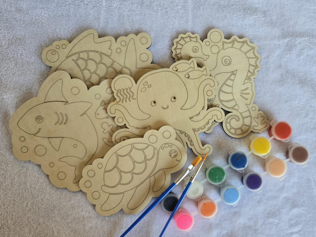 Kids DIY Underwater Sea Creatures Paint Kit: Wood Cutouts, Brushes, 12 ...