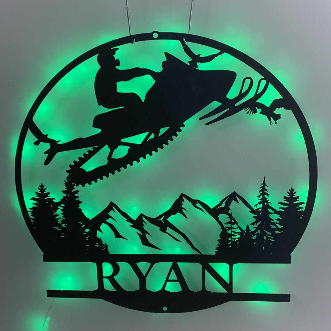 Custom Riding Snowmobile Metal Wall Art With LED Lights, Mountain ...