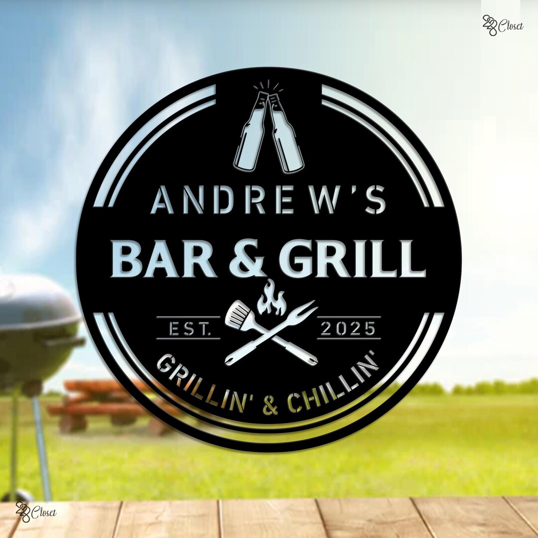 Custom Bar Grill Sign, BBQ Backyard Metal, Backyard Bar Grill Name ...