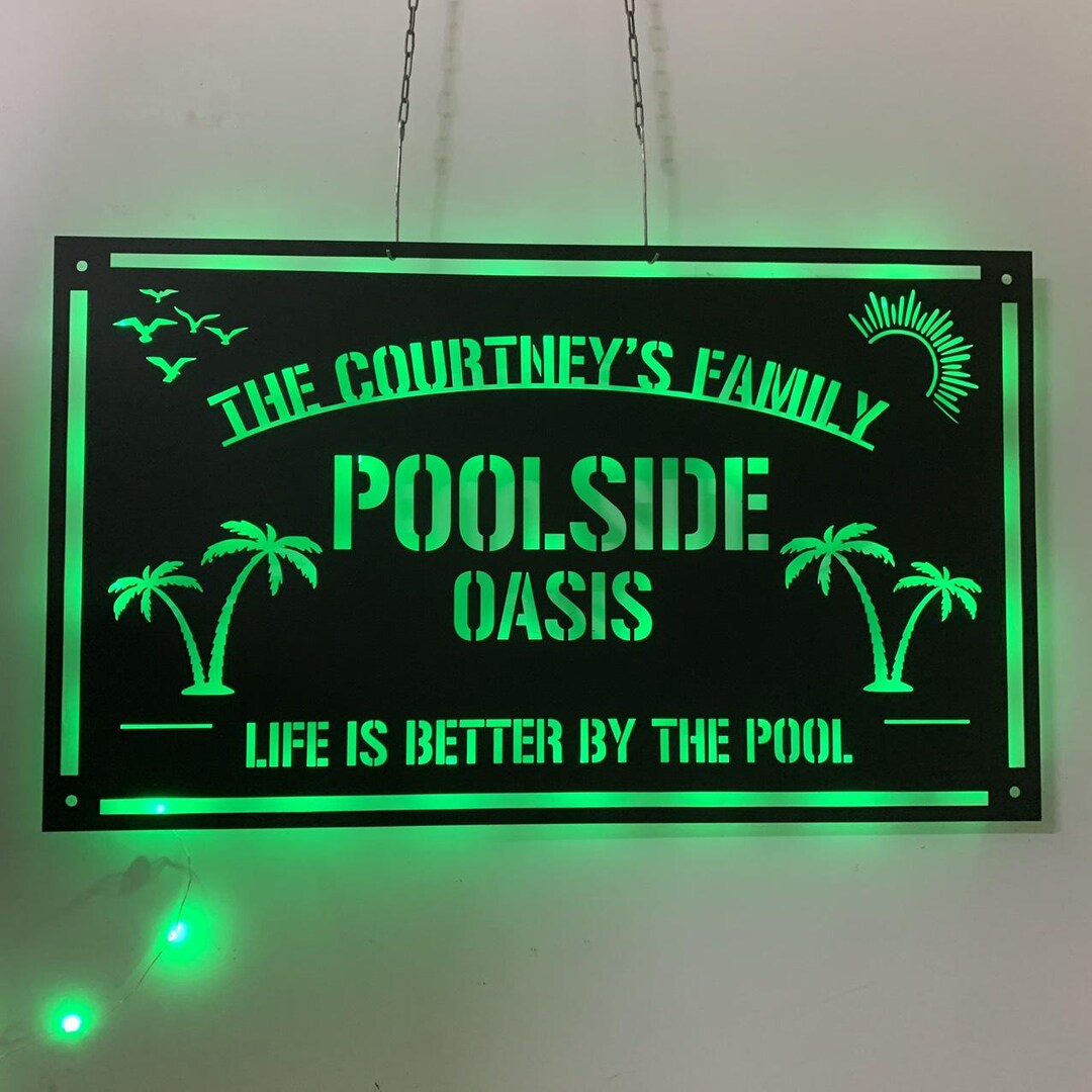 Custom Poolside Oasis Metal Wall Art With LED Light, Welcome Poolside ...