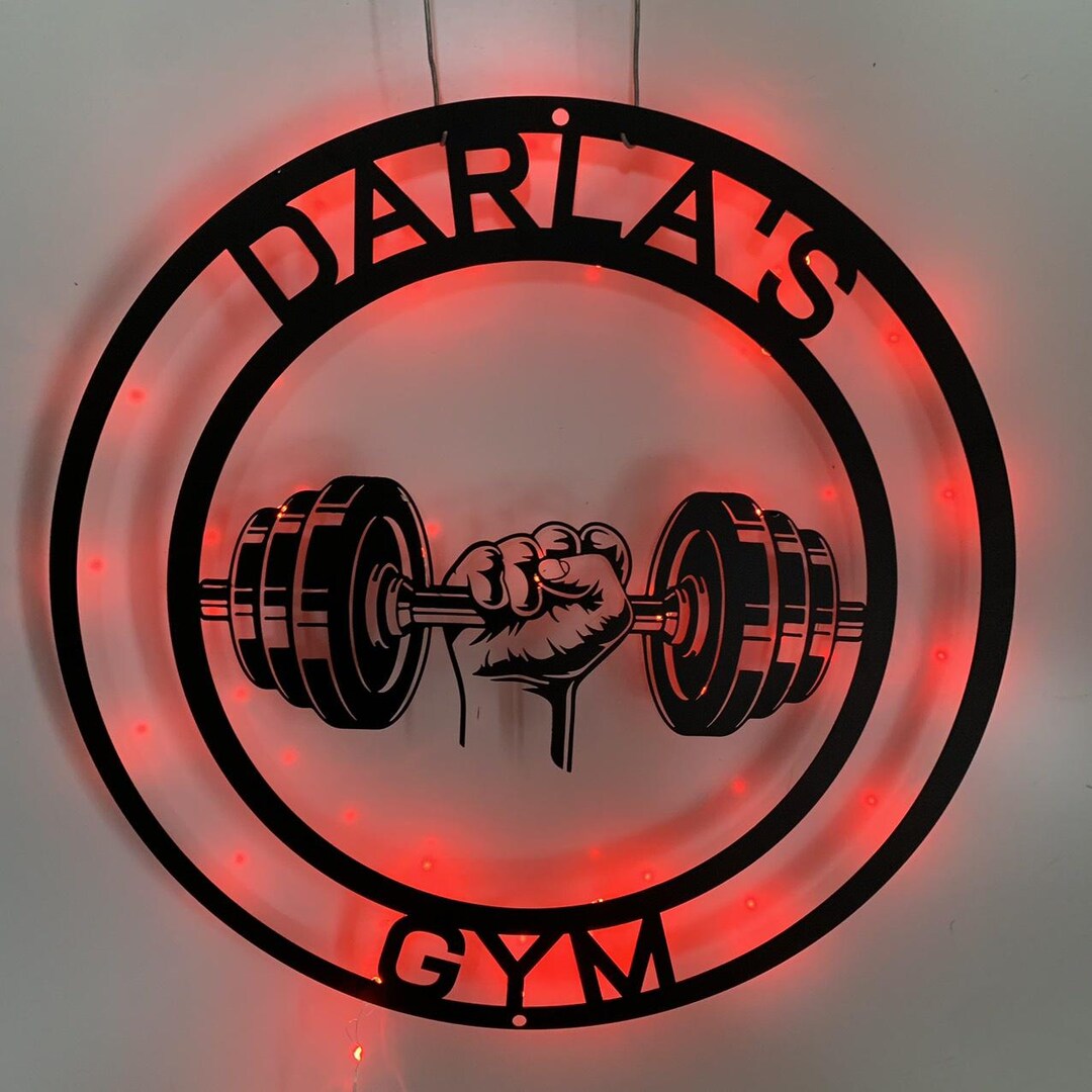 Personalized Dumbell Gym Metal Wall Art With LED Lights, Gym Sport Room ...
