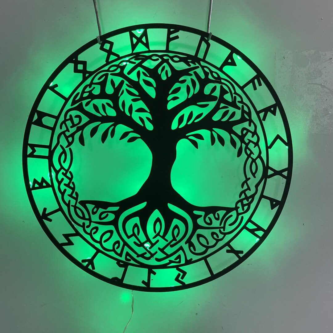 Custom Viking Runes Tree of Life Metal Wall Art LED Light, Family Tree ...