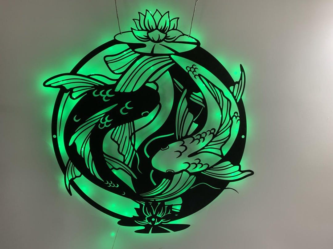 Yin Yang Koi Fishs Metal Wall Art With LED Lights, Lotus Koi Fish Led ...