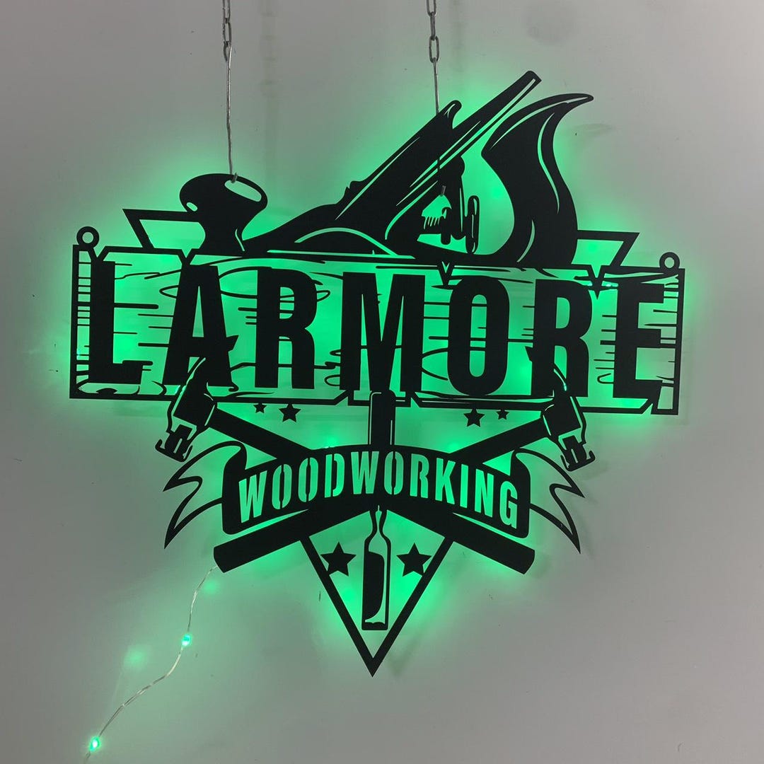 Customized Wood Shop Logo Metal Wall Art With LED Lights, Personalized ...