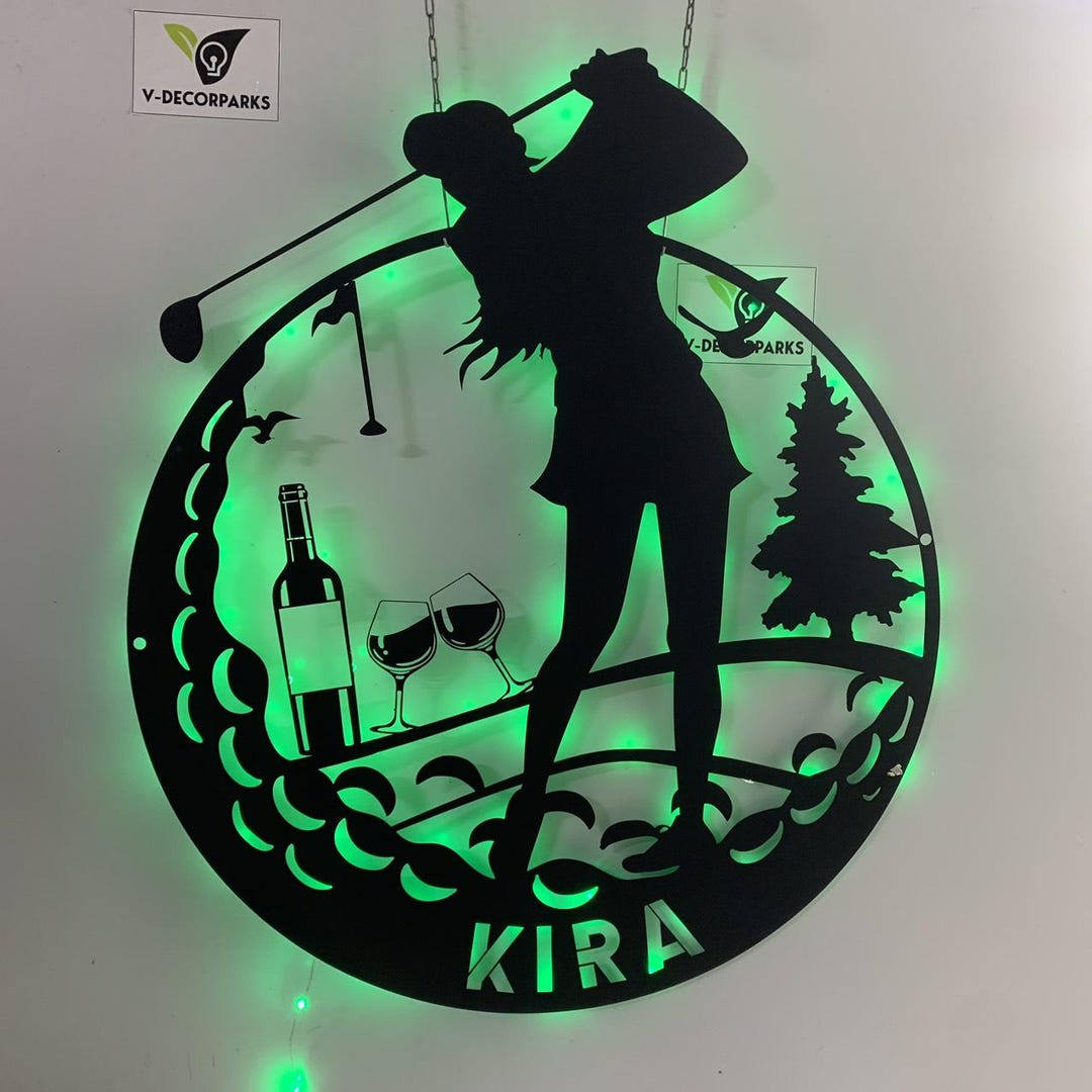 Personalized Female Golfer Metal Wall Art LED Lights, Custom Golf ...