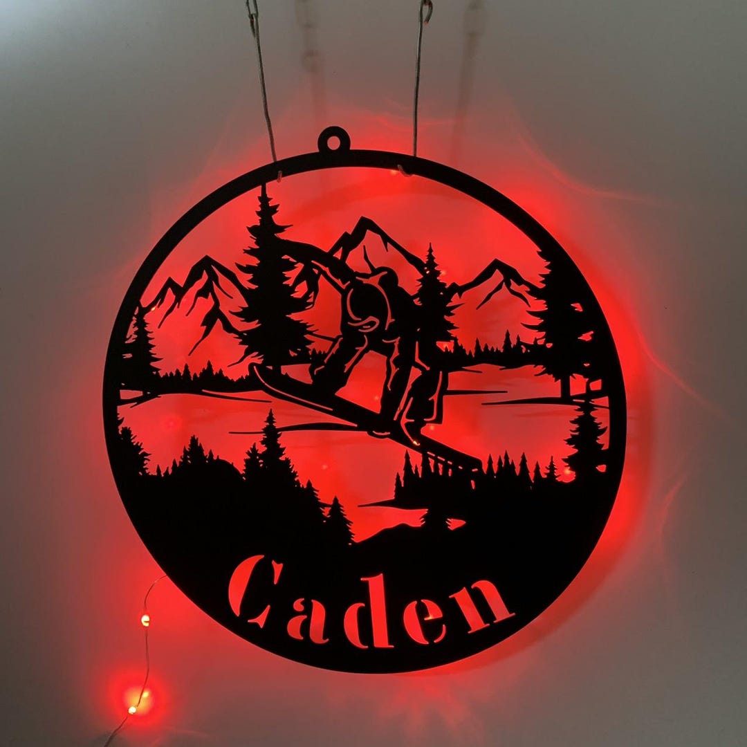 Personalized Mountain Skiing Metal Wall Art With LED Light,custom Snow ...