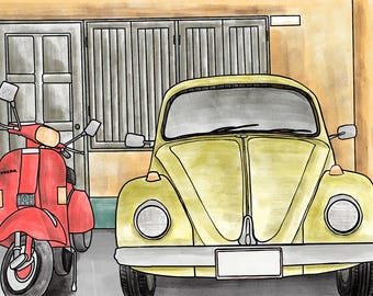 Volkswagen Beetle Drawing /classic VW Bug Art Print/vintage Car ...