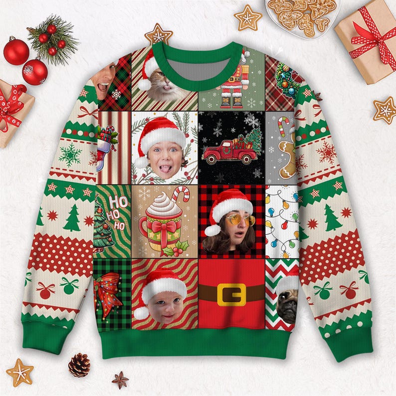 Custom Patchwork Christmas Sweater, Personalized Face Holiday ...