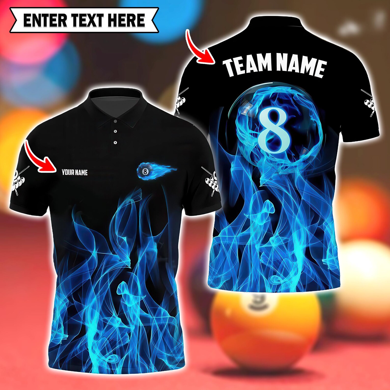 Custom Billiard Pool 8 Ball Flame Polo Shirt, Personalized Name and ...