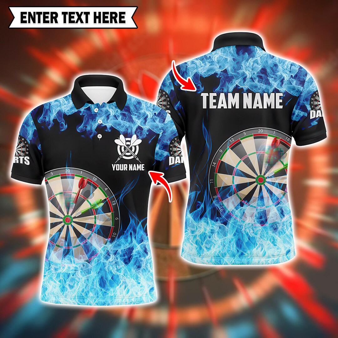 Custom Name Flame Darts Shirt, Blue Fire Dartboard Polo for Him, Unique ...