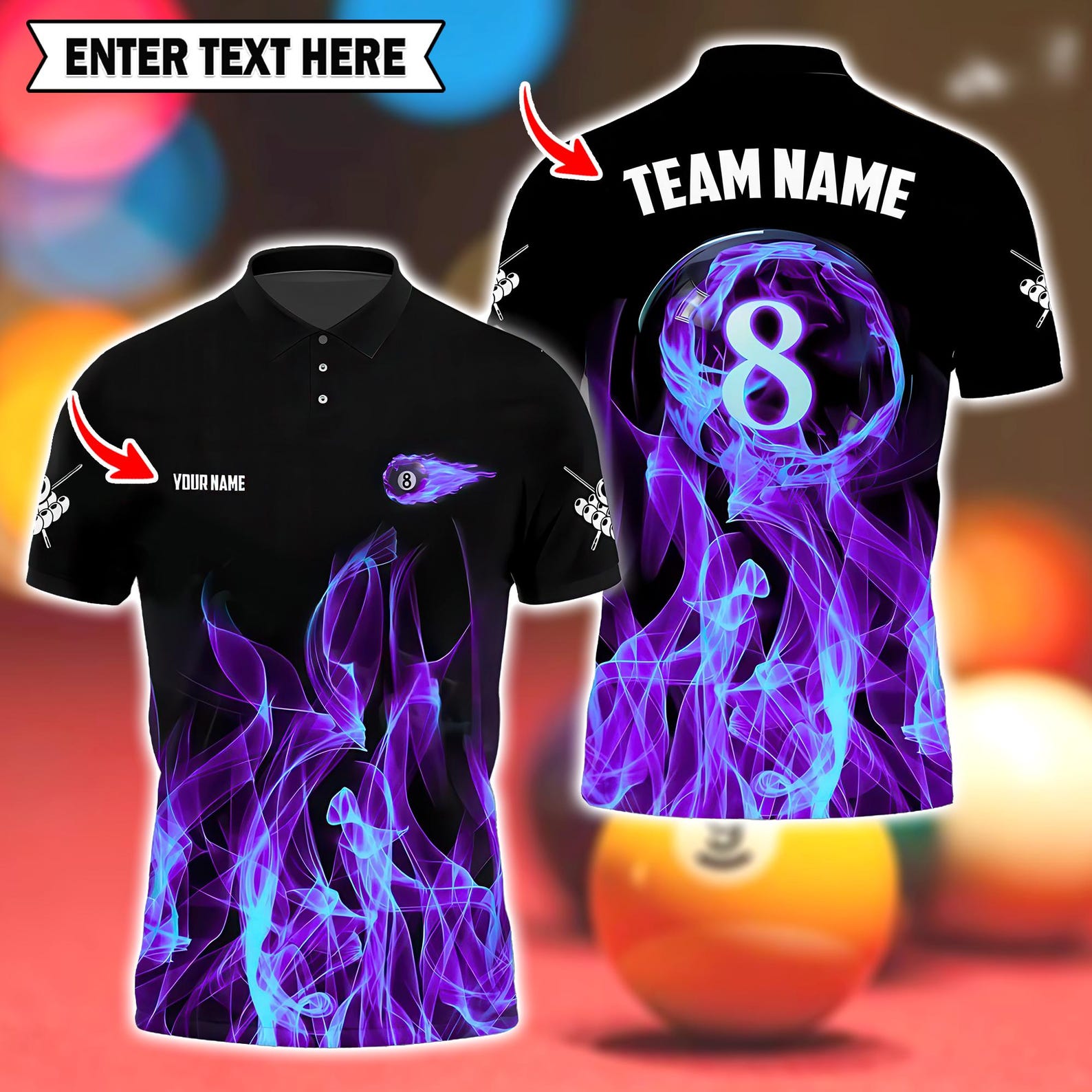 Custom Billiard Pool 8 Ball Flame Polo Shirt, Personalized Name and ...