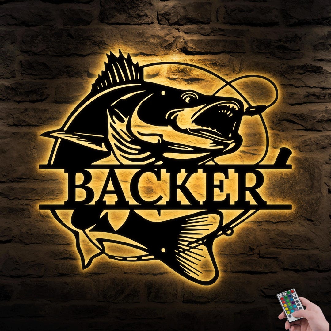 Walleye Fish Metal Sign With LED Light, Personalized Metal Wall Decor ...