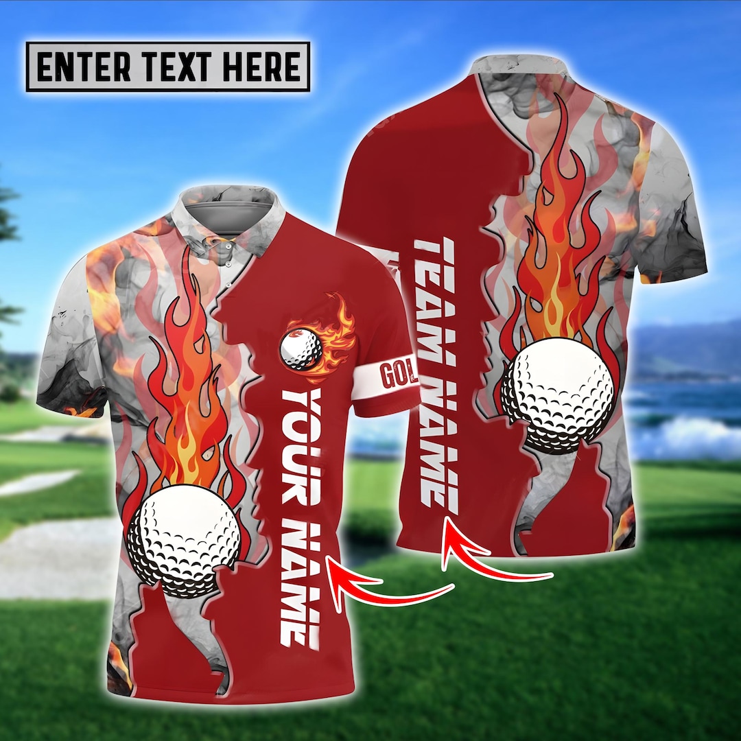 Custom Golf Shirt With Name & Team, 3D Fire Golf Ball Design, Golfers ...
