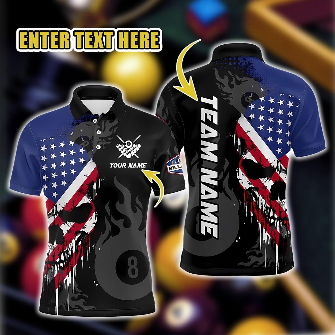 Custom 8 Ball Pool Polo Shirt for Men, Grunge Skull Billiards Jersey ...