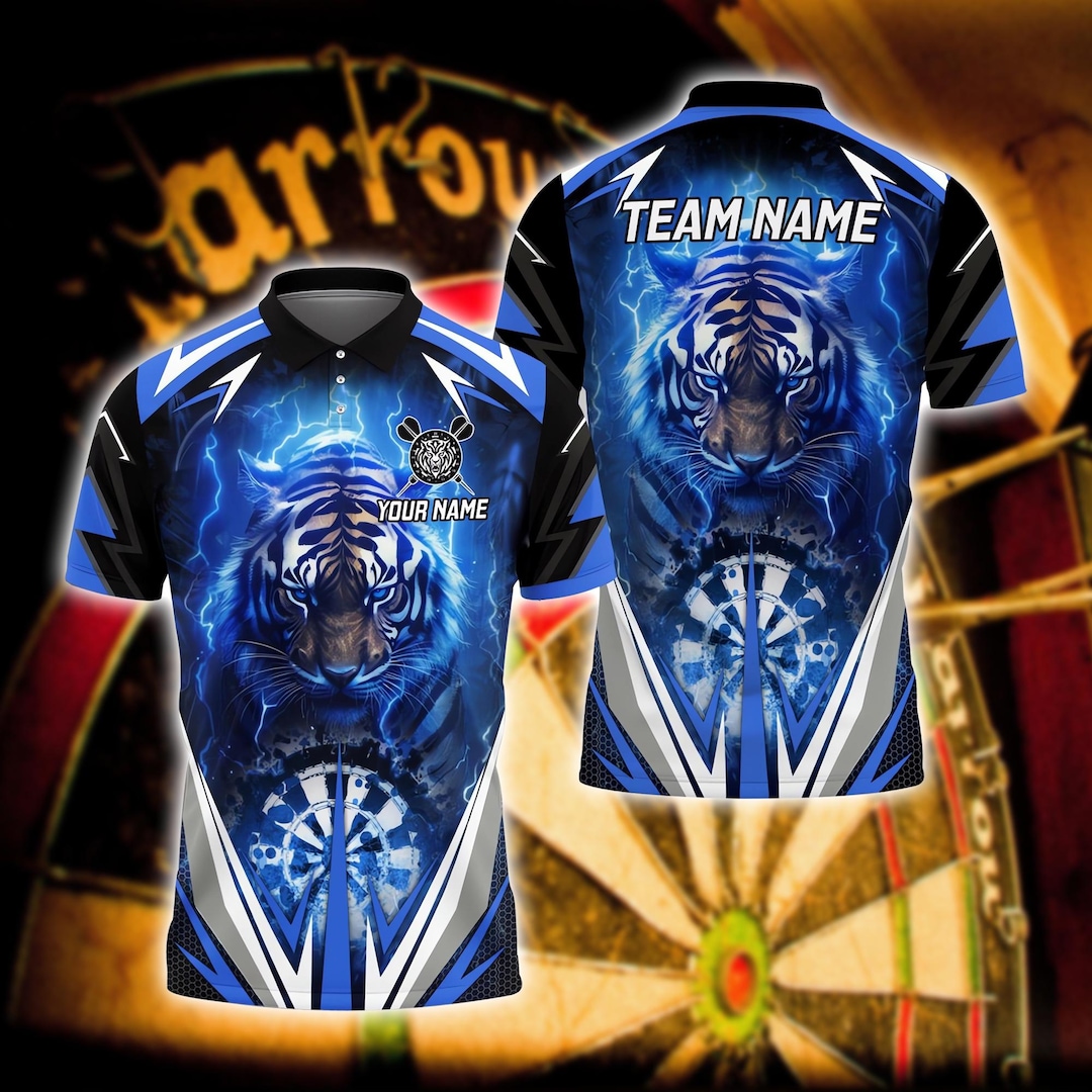 Custom Blue Tiger Dart Team Shirt, Personalized Lightning Polo or T ...