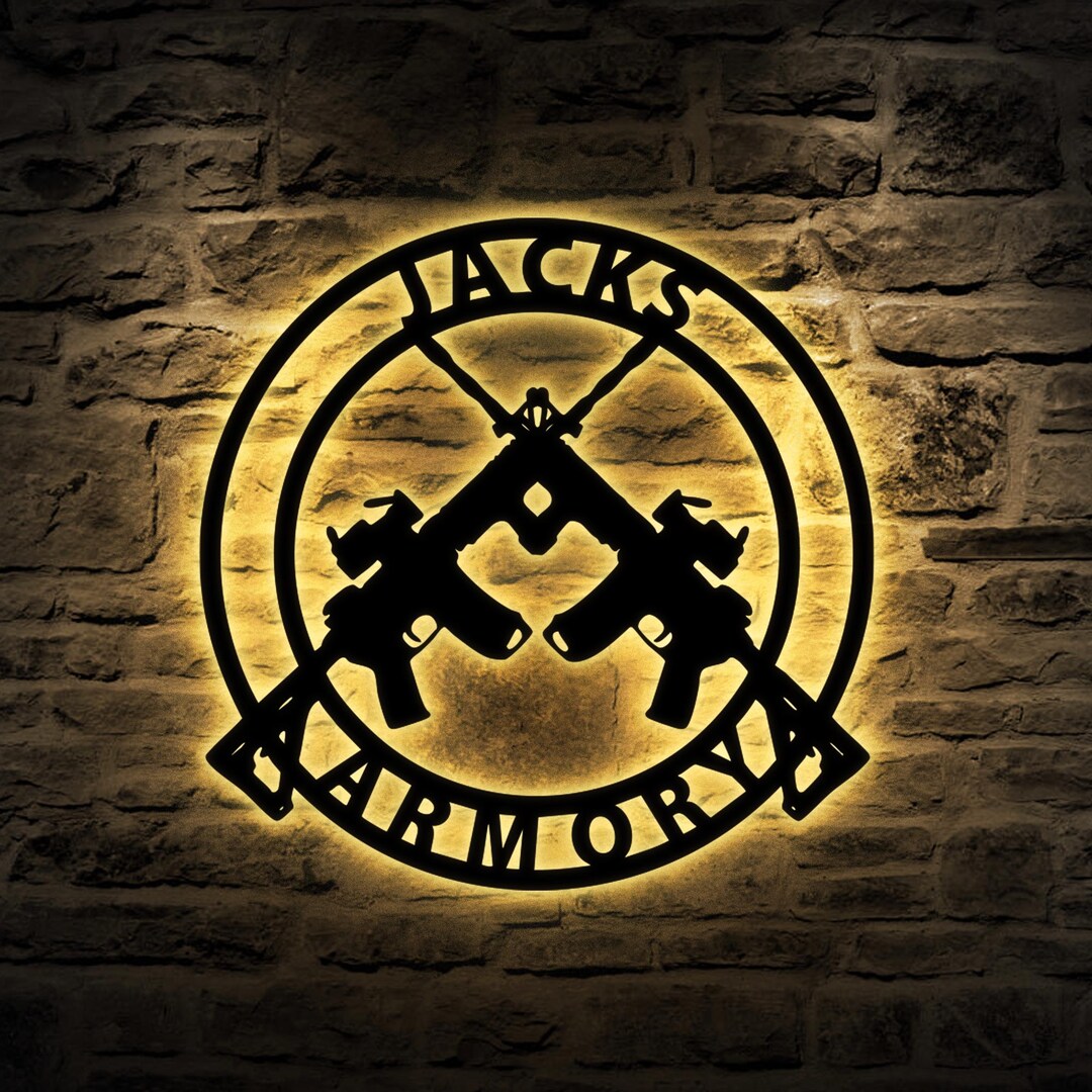 Custom Metal Gun Sign LED, Personalized Armory Name Sign, Rifle Wall ...