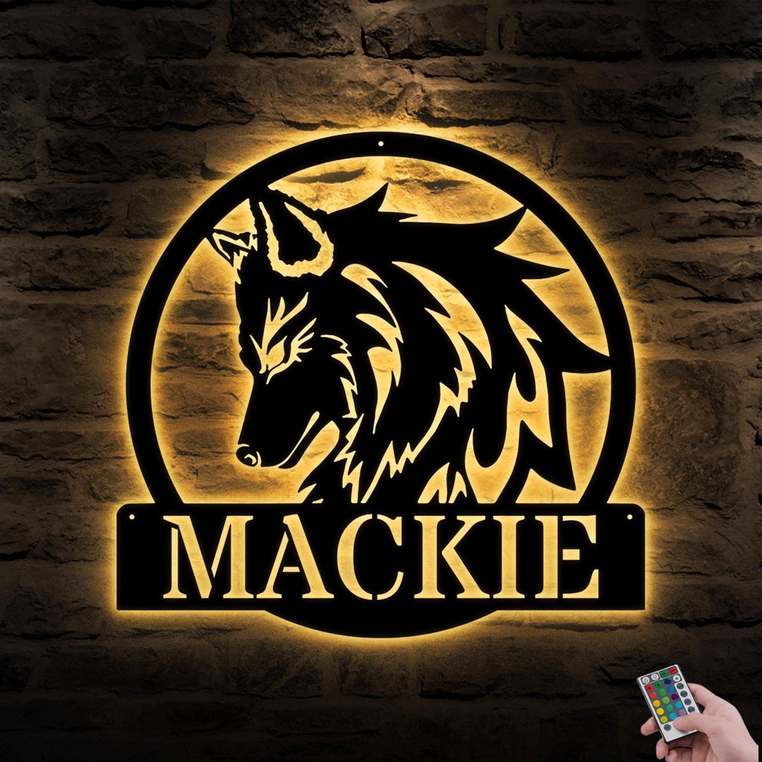 Personalized Wolf Monogram Metal Sign Art With Led Lights, Custom Wolf ...