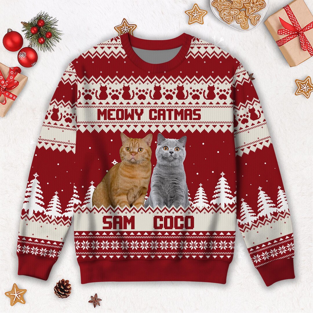 Personalized Cat Photo Ugly Sweater, Meowy Catmas Jumper, Gift for Pet ...