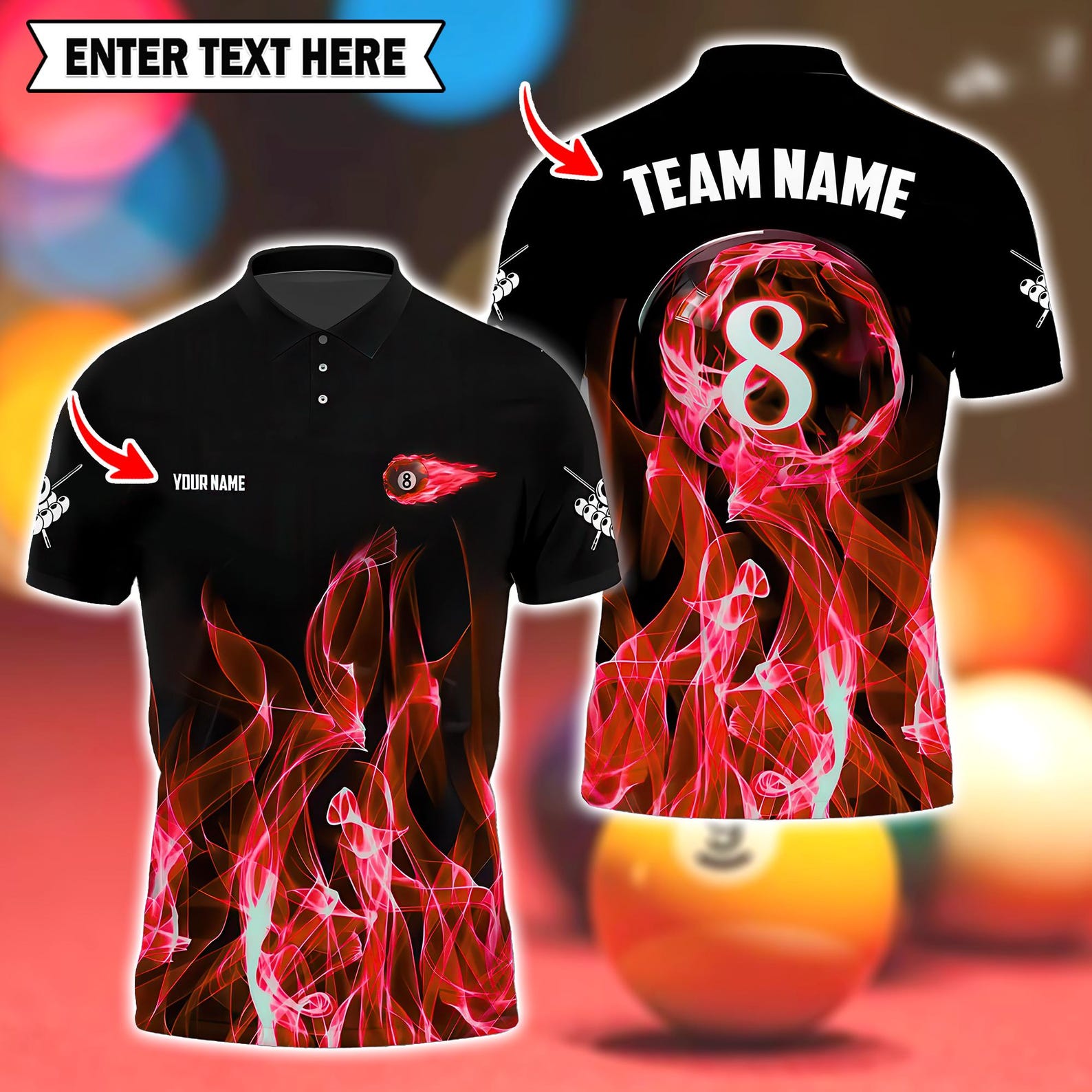Custom Billiard Pool 8 Ball Flame Polo Shirt, Personalized Name and ...